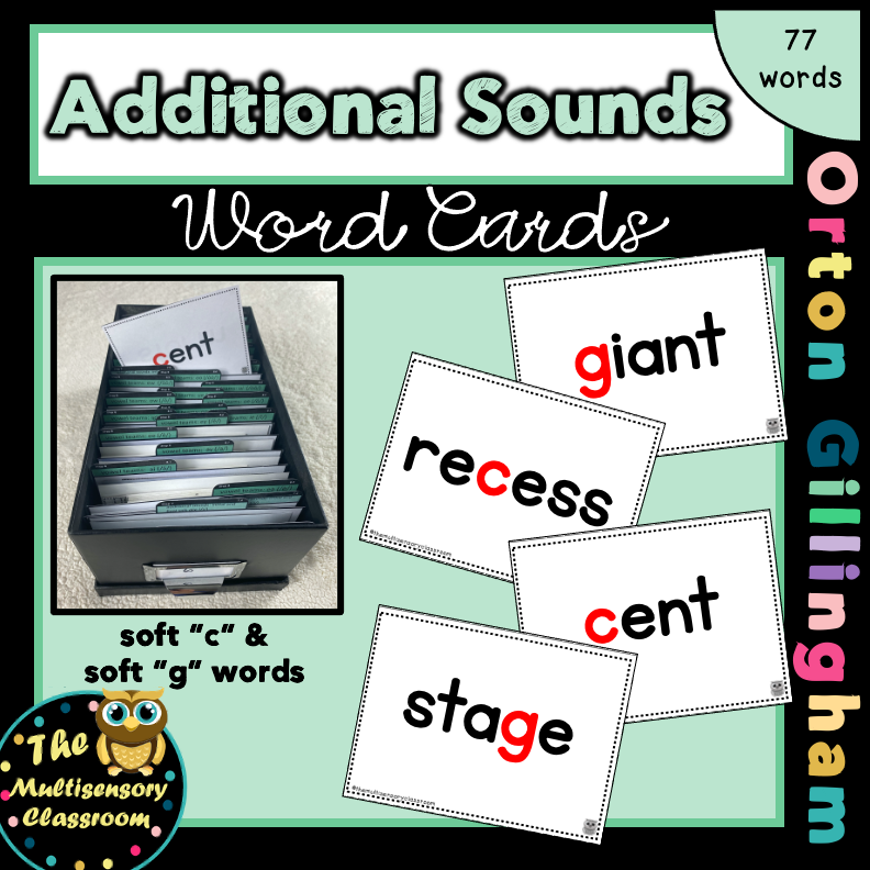 Orton Gillingham Word Cards: Additional Sounds (soft c, soft g, y as ...